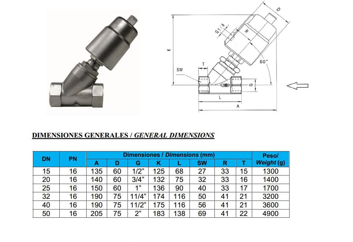 Válvula asiento inclinado con actuador neumático de simple efecto